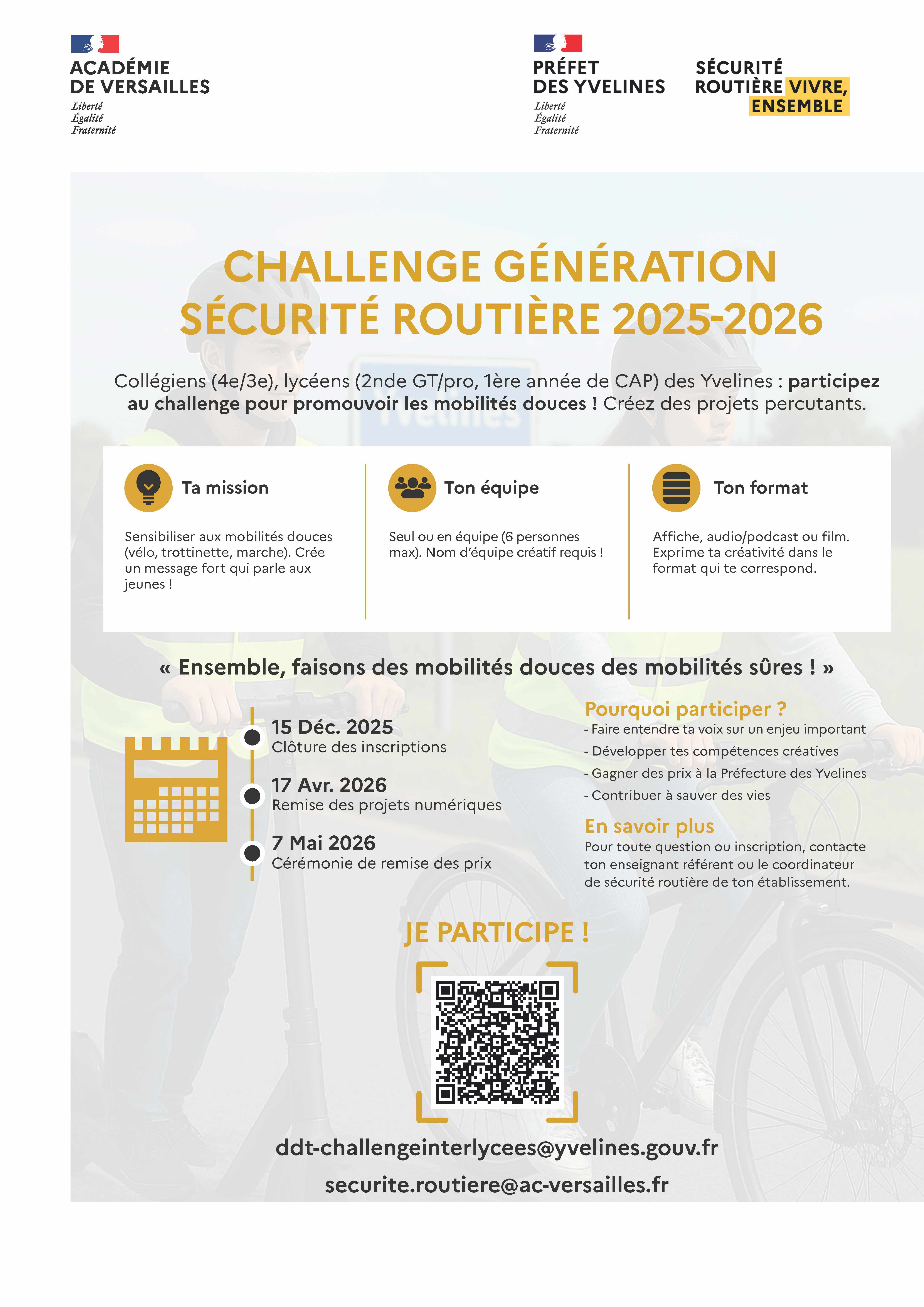Challenge Génération Sécurité Routière 2025-2026 des Yvelines | Académie de Versailles